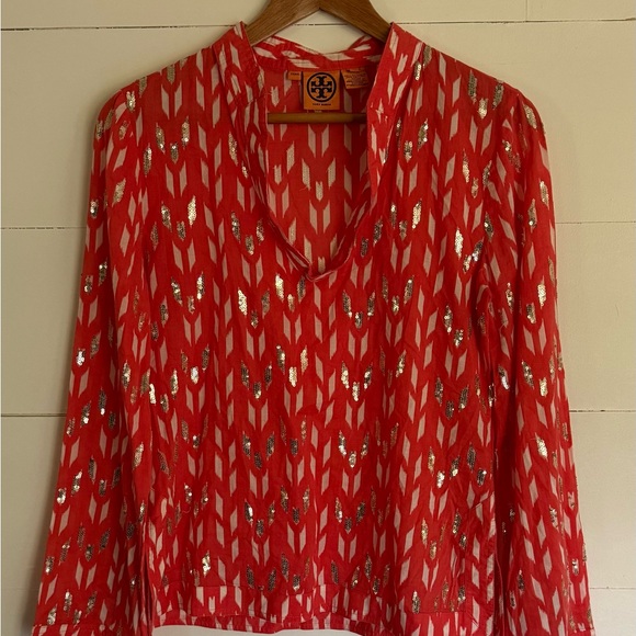 Tory Burch | Tops | Tory Burch Orange Sequin Sheer Blouse With Collar | Poshmark